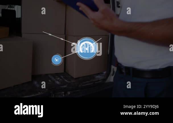 Delivery person with packages, network security and speed icons ...