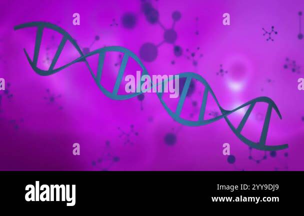 Animating DNA strand and molecular structures over purple background ...