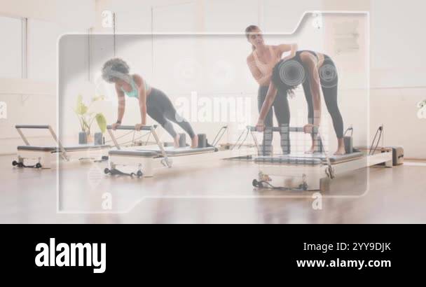 Fitness data animation over women exercising on Pilates reformers in ...