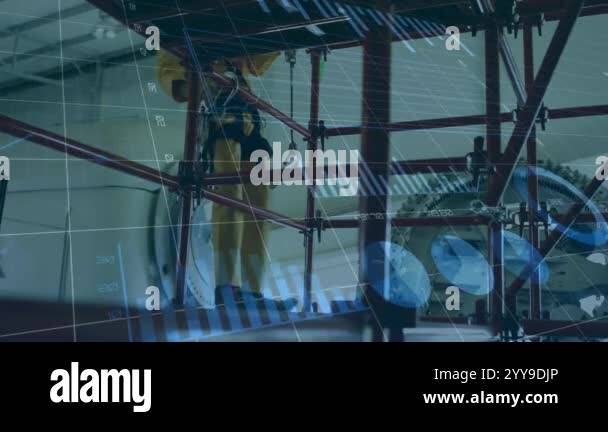 Worker on scaffolding with safety gear, analyzing data charts over ...