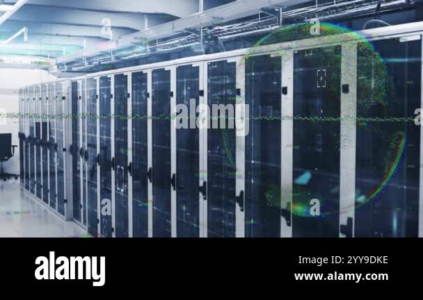 Animating data processing over server racks in data center. Datacenter, technology, servers ...