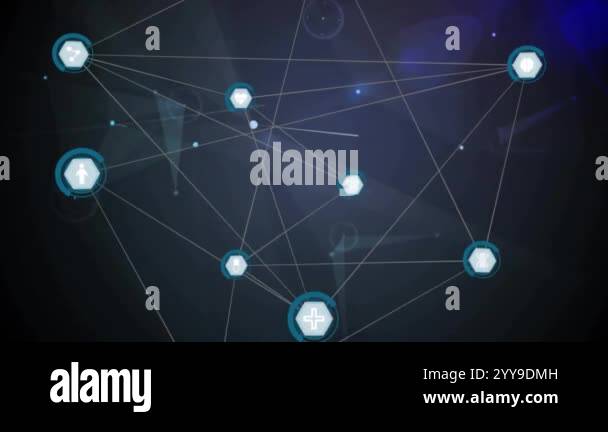 Network of connections and data processing animation over dark background with icons. Technology ...