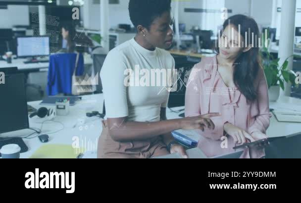 Analyzing data charts animation over two businesswomen discussing in modern office. analytics ...