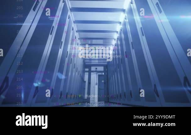 Computer code and cybersecurity terms animation over data center server racks. Technology ...