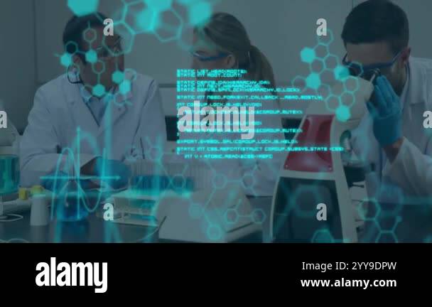 Scientists working in laboratory with molecular structure animation ...