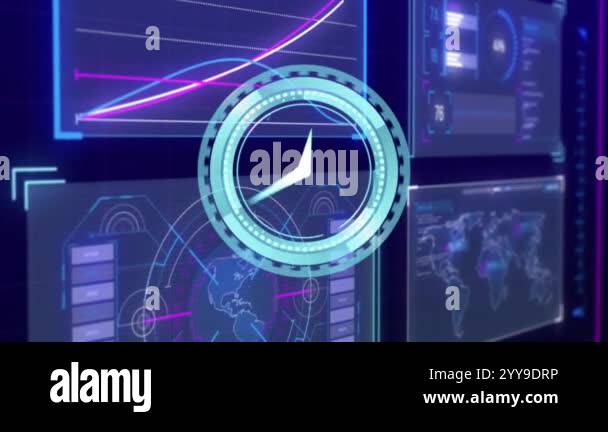 Digital clock animation over futuristic data charts and graphs in tech ...