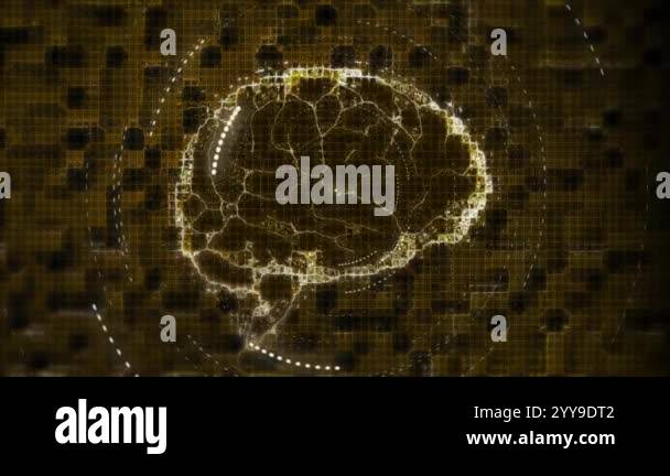 Digital skull and data processing animation over dark grid background ...