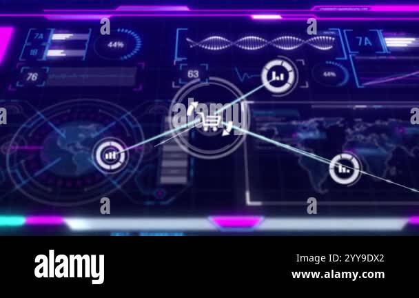 Digital network connections and data processing animation over futuristic interface. Technology ...