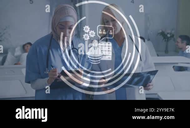 Medical data processing animation over doctors examining X-ray in hospital. Healthcare ...