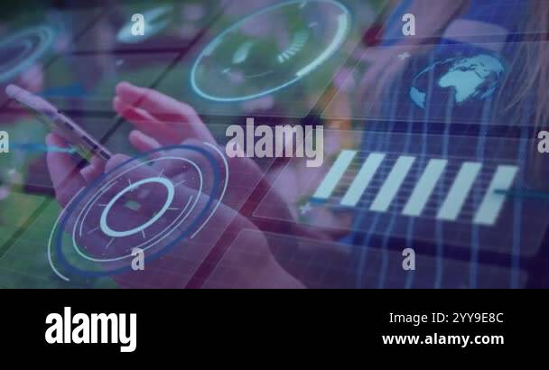 Interacting with futuristic touchscreen, hands engaging with digital data animation. Technology ...