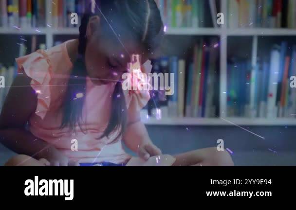 Reading book, girl with braids over digital network connections ...