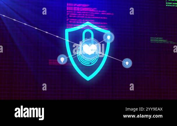 Cybersecurity shield and lock animation over interconnected digital ...