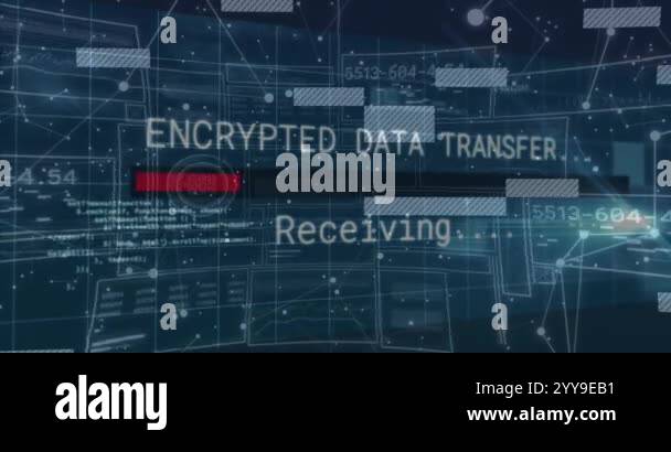 Encrypted data transfer and receiving animation over digital interface background. Security ...