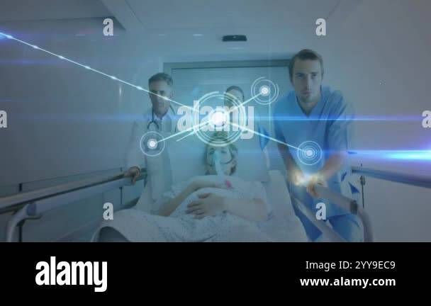 Assisting patient on stretcher, medical professionals with network ...