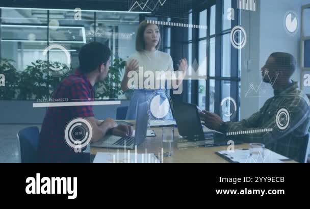 Business data analytics animation over diverse team discussing in ...