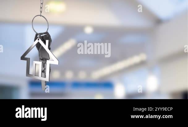 House-shaped keychain and keys animation over blurred indoor background ...