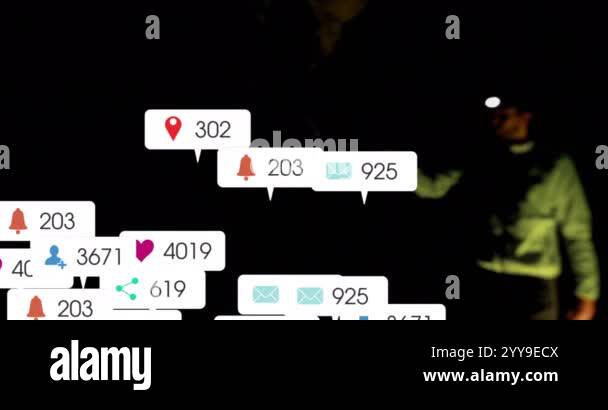 Social media notifications animation over dark background. technology ...