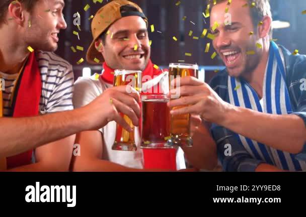 Confetti animation over friends clinking beer glasses and celebrating ...