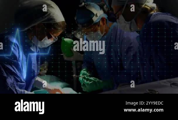 Medical team performing surgery with heartbeat animation over grid ...