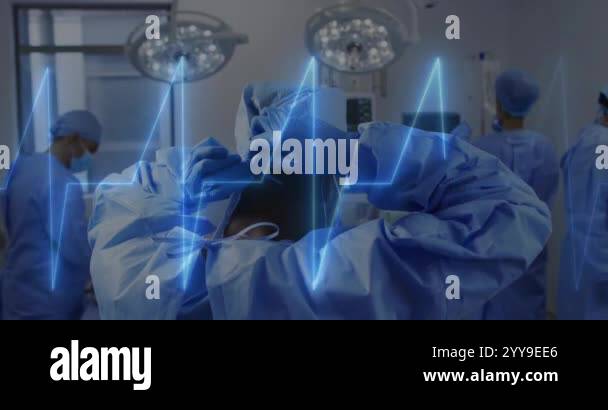 Medical team in operating room with heartbeat animation over scene ...