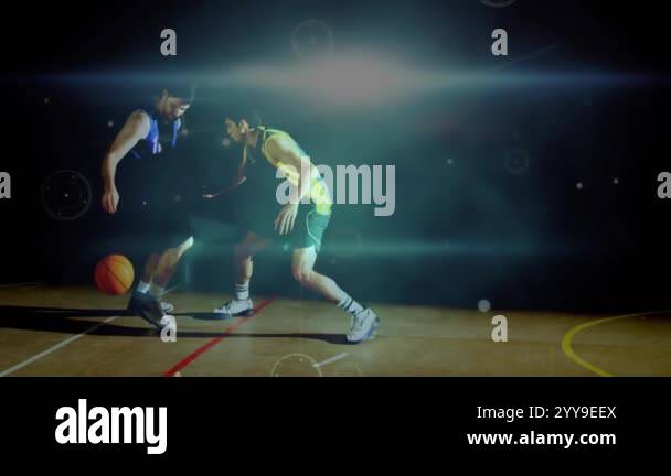 Playing basketball, two athletes in action over dynamic light streaks ...