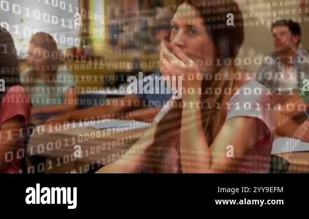 Binary code animation over students studying in classroom. Technology ...