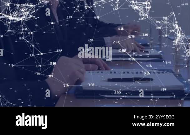 Network of connections and data processing animation over business ...