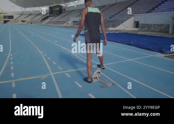 Athlete preparing to sprint on track with data processing animation. Sports, sprinting ...