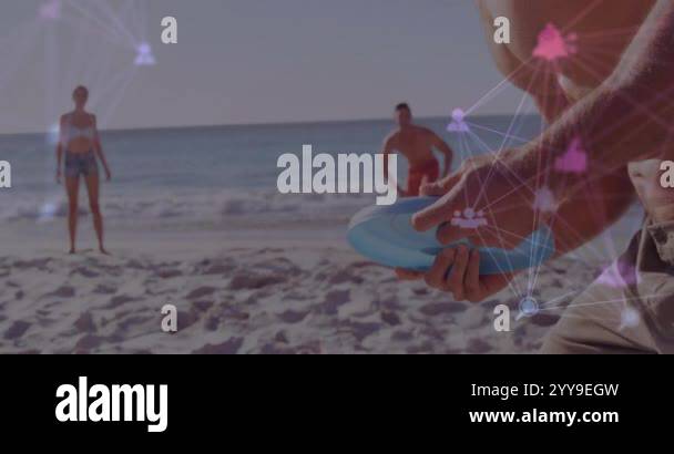 Network connections and data processing animation over people enjoying ...