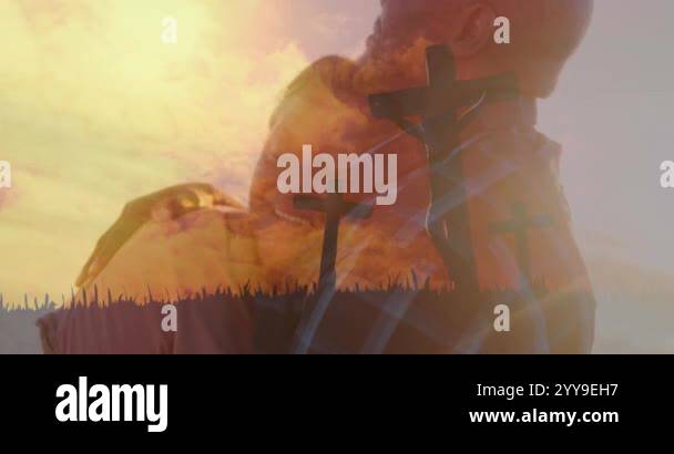 Embracing couple with crosses and sunset animation in background ...