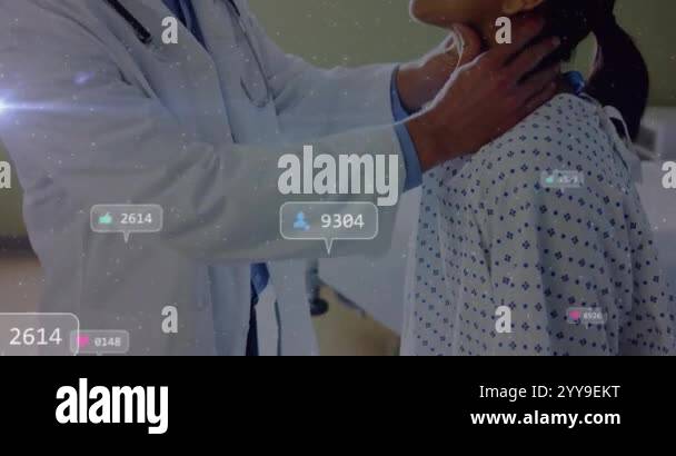 Social media engagement animation over doctor and patient in medical ...