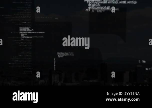 Glitch text animation over cityscape with buildings and cloudy sky ...