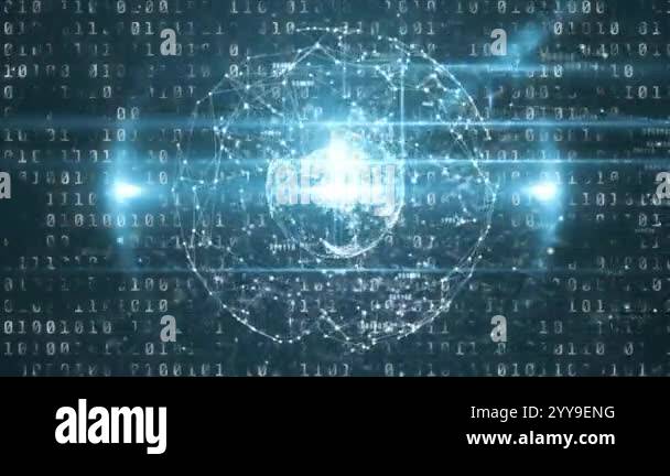 Binary code and network connections animation over glowing digital sphere. Technology ...