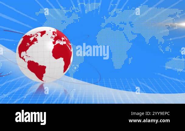 Rotating globe with red continents and world map animation on blue grid ...