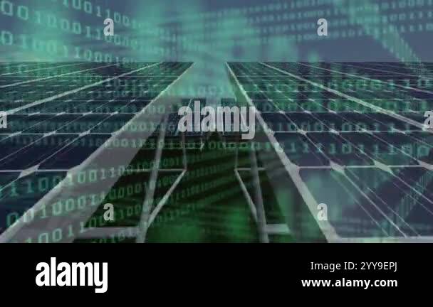 Animating binary code over solar panels in field. Technology ...