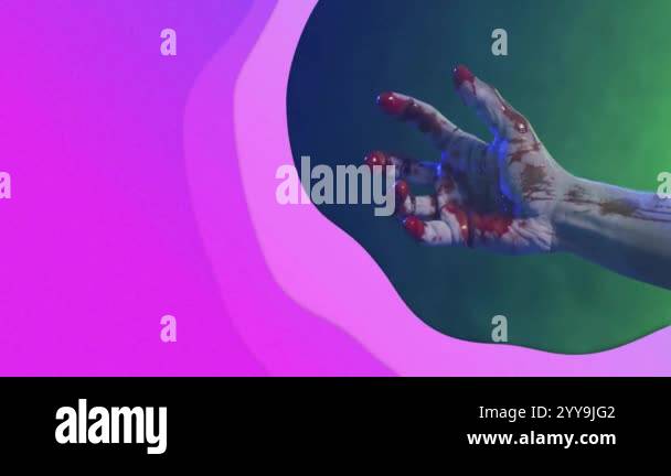 Reaching out, bloody hand over colorful abstract shapes animation ...