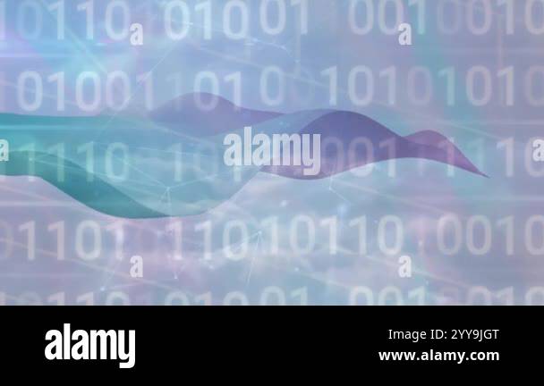 Binary code and wave pattern animation over abstract blue background. Technology, digital, data ...