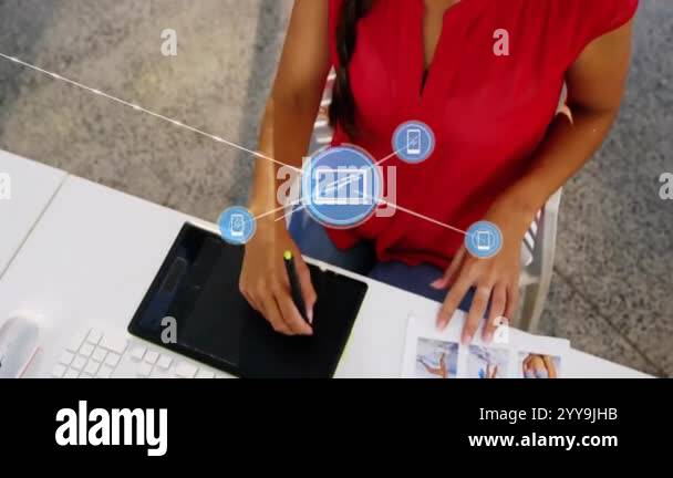 Holding camera, woman surrounded by digital devices and network ...