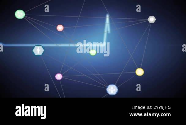 Animation of network of connections with with icons over cardiograph on ...