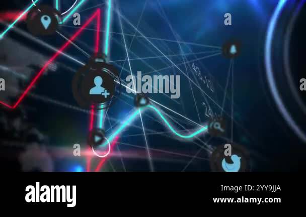 Animating social media icons and data charts over financial graphs and ...