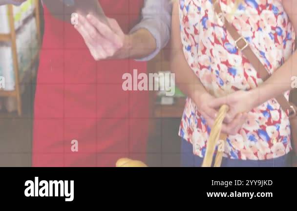 Business data analysis animation over smiling people in store ...