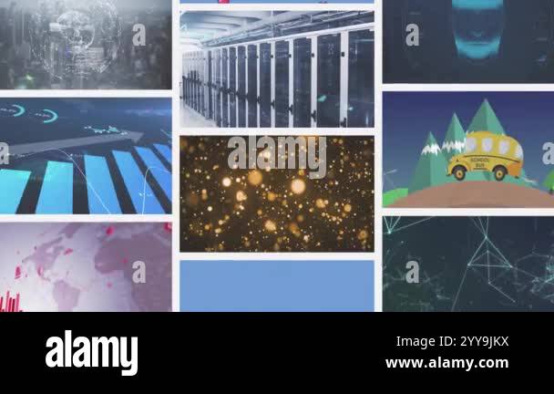 Grid of various animations including hearts, data processing, server racks, and cityscape ...