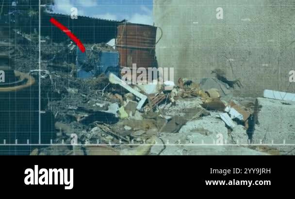 Red declining graph animation over industrial scrap yard with rusted ...