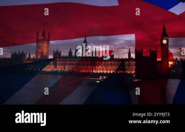 Union Jack flag animation over Tower Bridge in London. landmark ...