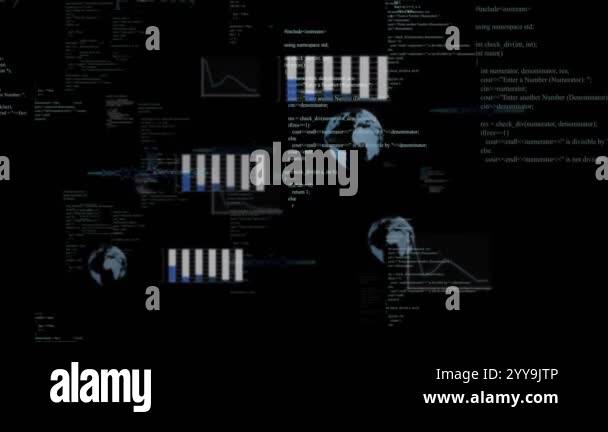 Graphs, charts, and code snippets animation over rotating globe and ...
