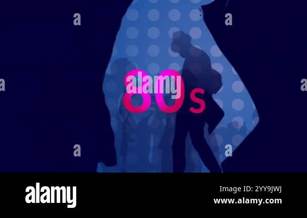 Silhouettes dancing with 80s text animation over blue polka dot ...