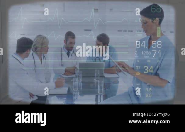 Medical data and heart rate animation over doctors discussing in ...
