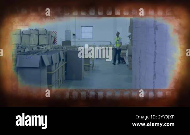 Walking through warehouse, worker with pallet jack, film strip ...
