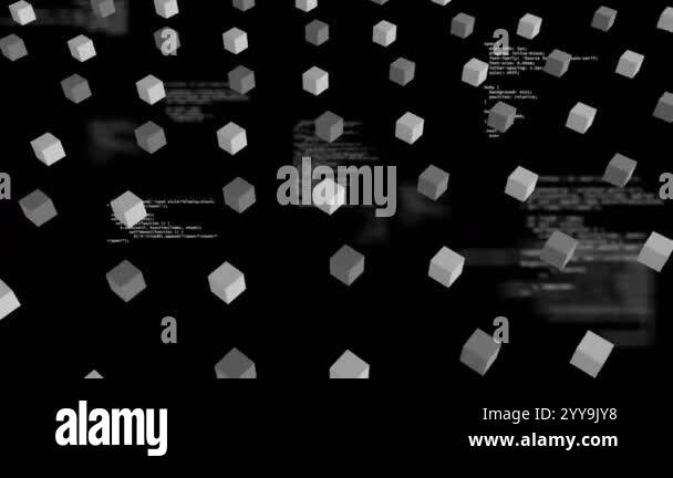 Floating cubes and coding text, data processing animation on black background. Technology ...
