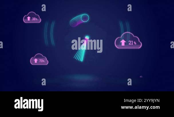 Uploading percentages animation for cloud storage over dark blue ...